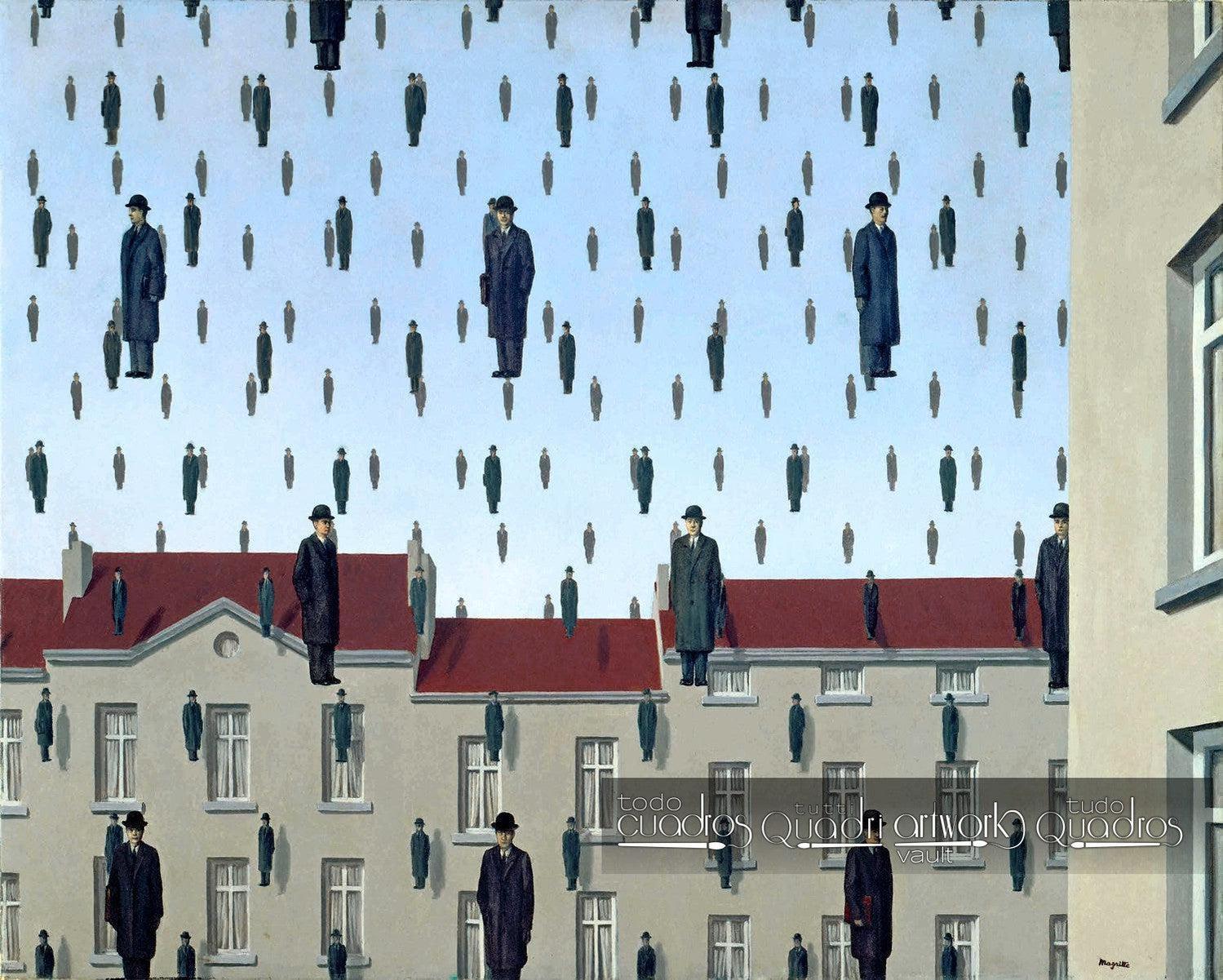Painting "Golconda" by Magritte, an iconic work of surrealism.