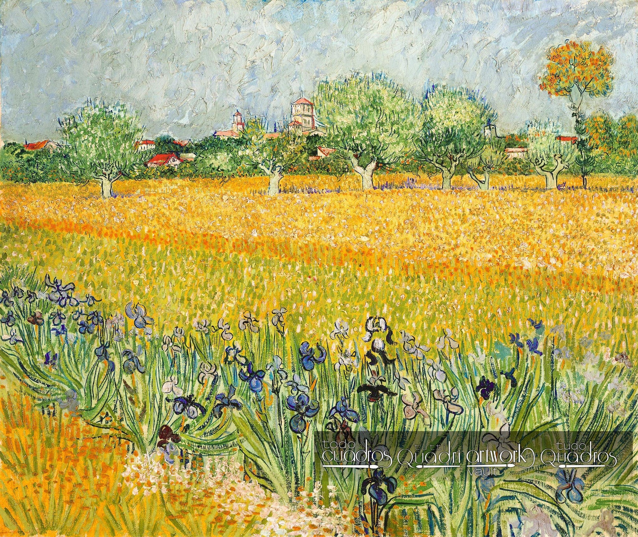 Painting "Field with Irises near Arles" by Van Gogh, landscape of Arles.
