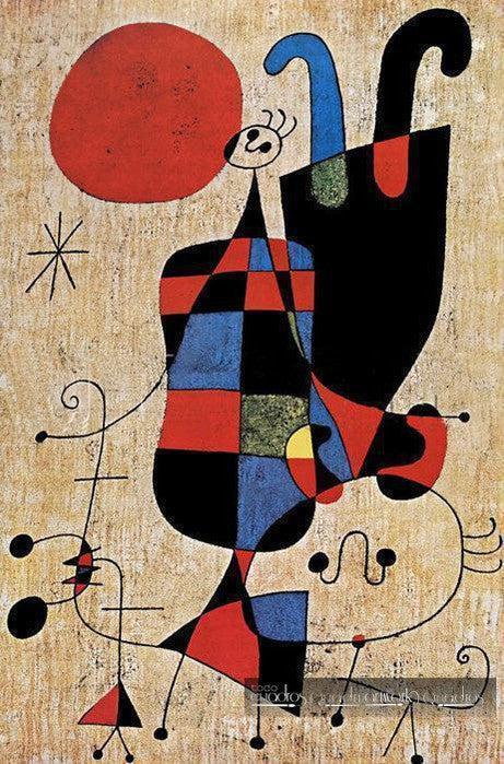 Figures and Dog in front of the Sun by Miró, figurative painting of an ...